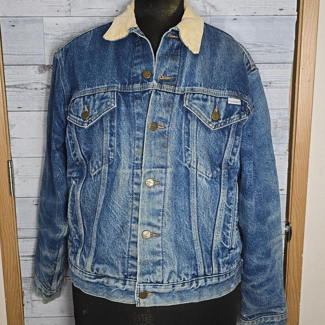 Vintage Carhartt Denim Jean Trucker Jacket Flannel Lined 100 Year Plaid ...