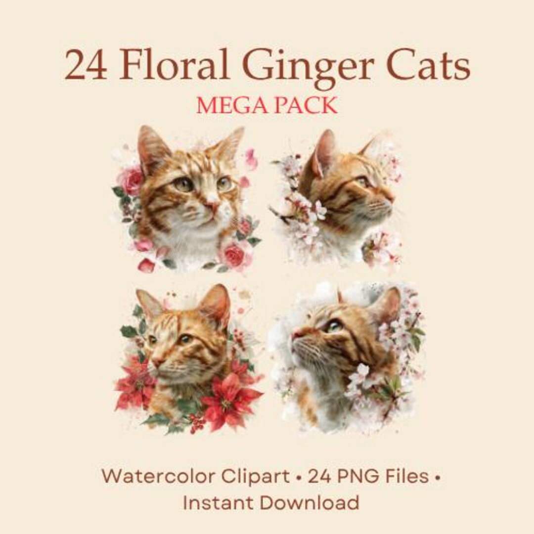 Ginger Cat MEGA PACK Clipart Bundle | 24 PNG Floral Illustrations ...