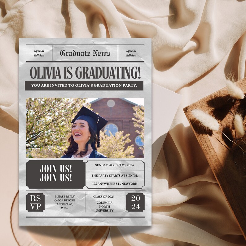 Graduation Newspaper Template, Graduation Party Invitation, College ...