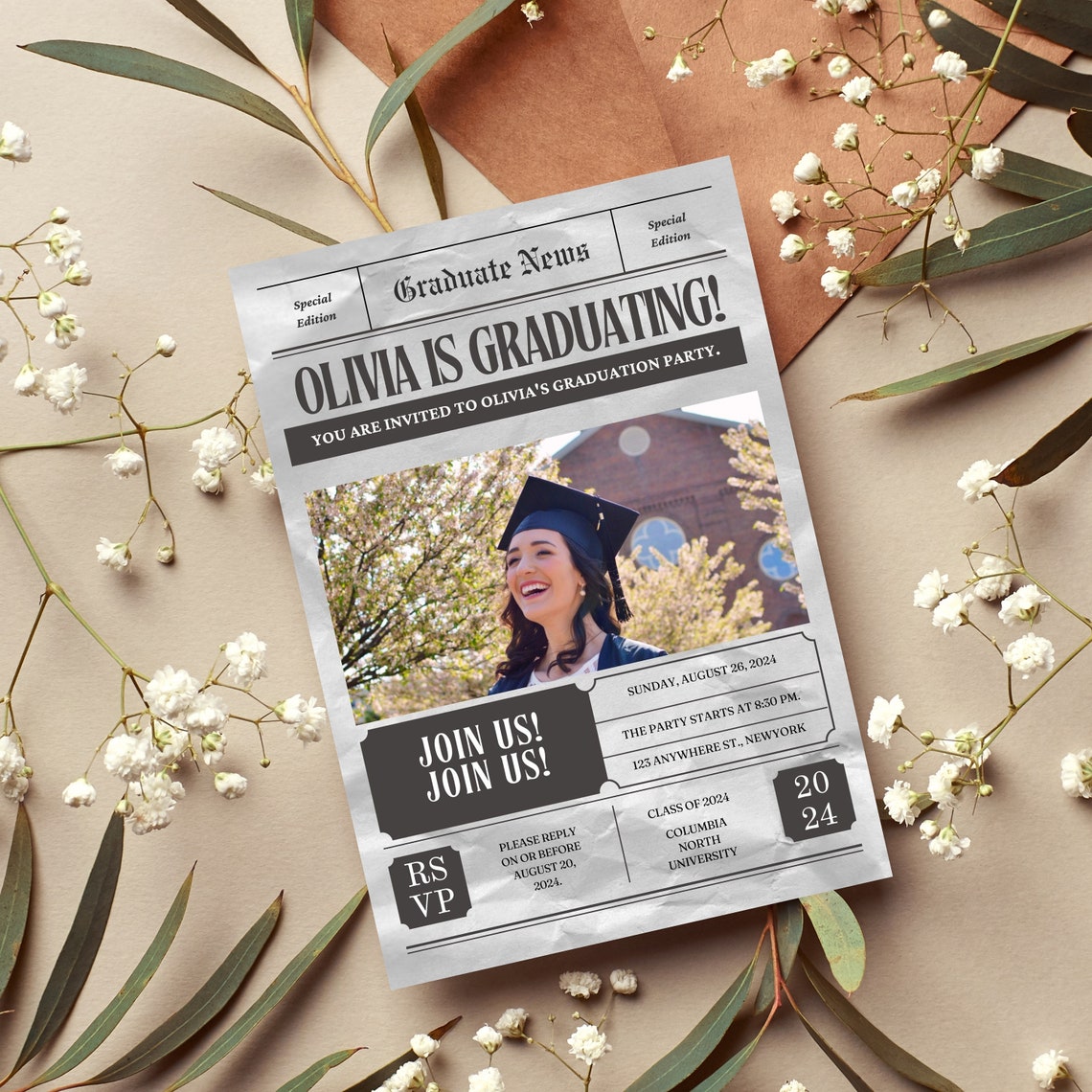 Graduation Newspaper Template, Graduation Party Invitation, College ...