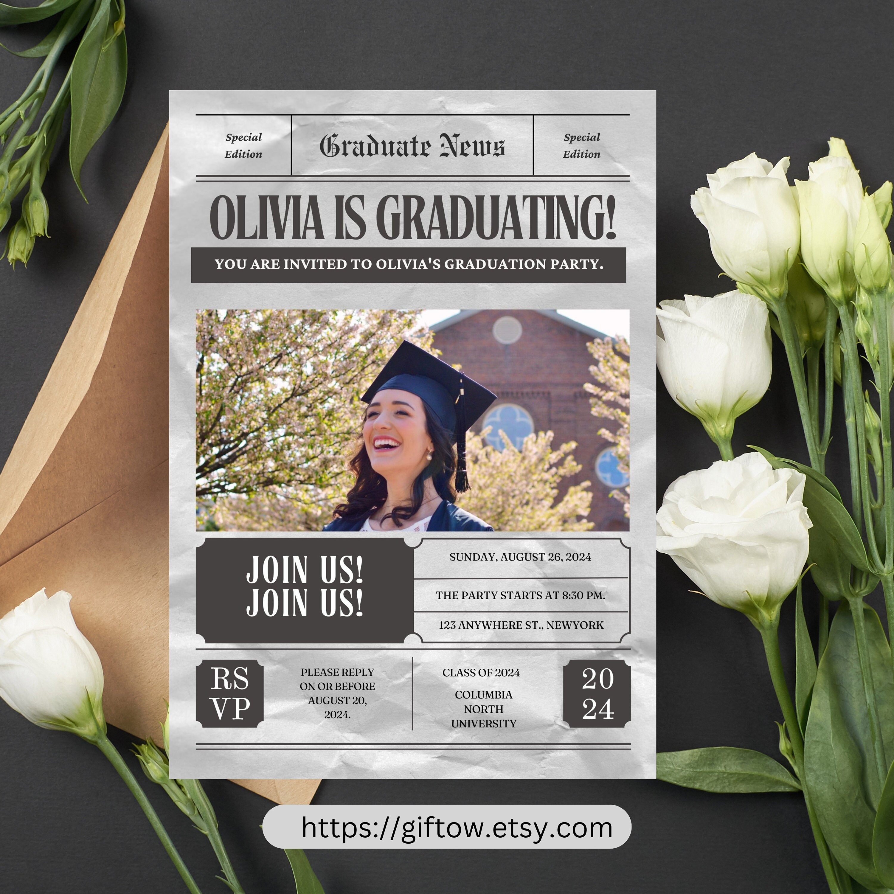 Graduation Newspaper Template, Graduation Party Invitation, College ...