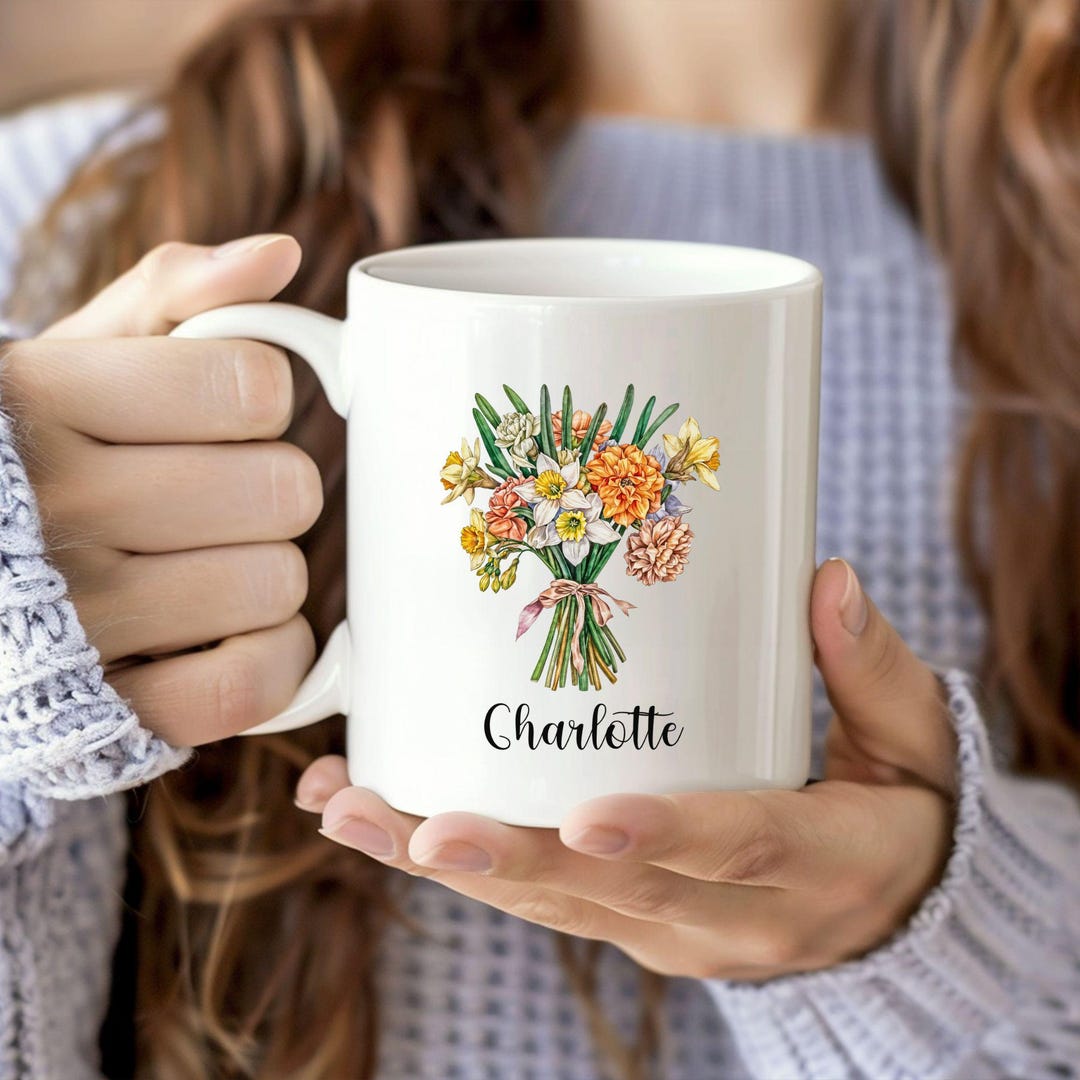 Personalize Birth Flower Bouquet Coffee Mug, Custom Birth Month Flower ...
