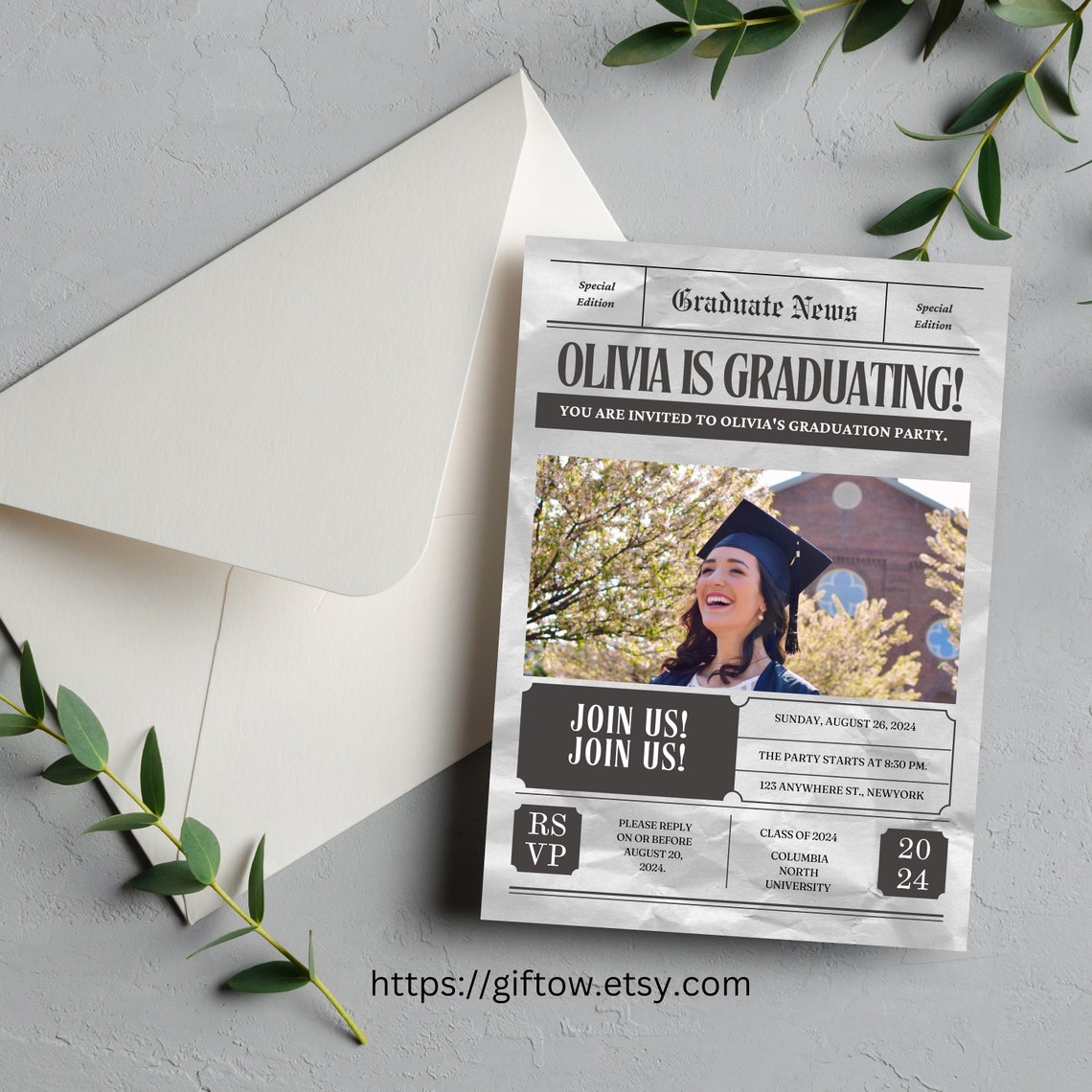 Vintage Newspaper Graduation Invitation Template: Editable Canva Design ...