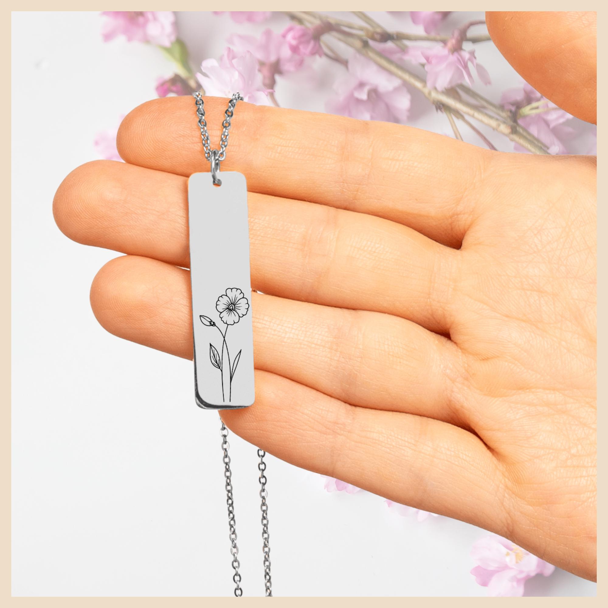Personalized Birth Flower Necklace: Engraved Floral Pendant, Stainless ...