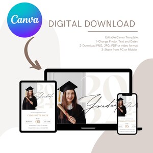 Minimalist Graduation Invitation, Canva Editable Template, High School ...