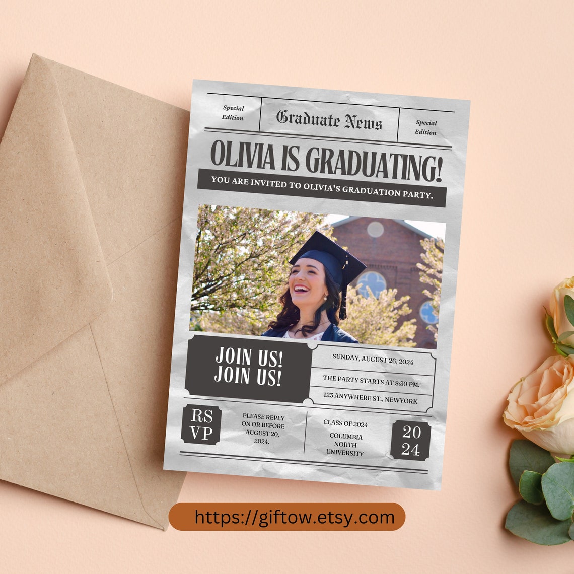 Graduation Newspaper Template Graduation Invitation Canva Template - Etsy