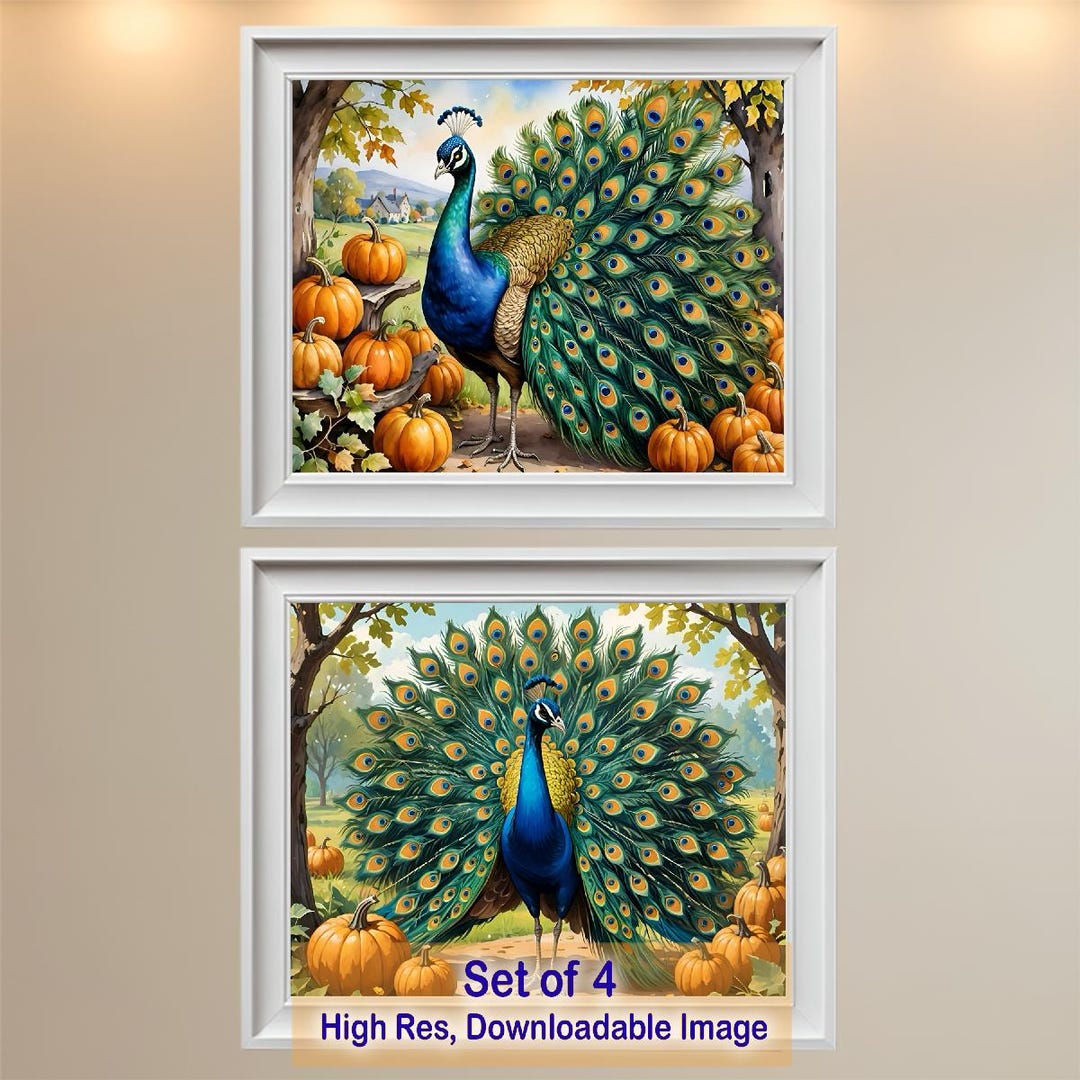 4 Beautiful Watercolors of Peacocks Pumpkins Fall Autumn Images ...