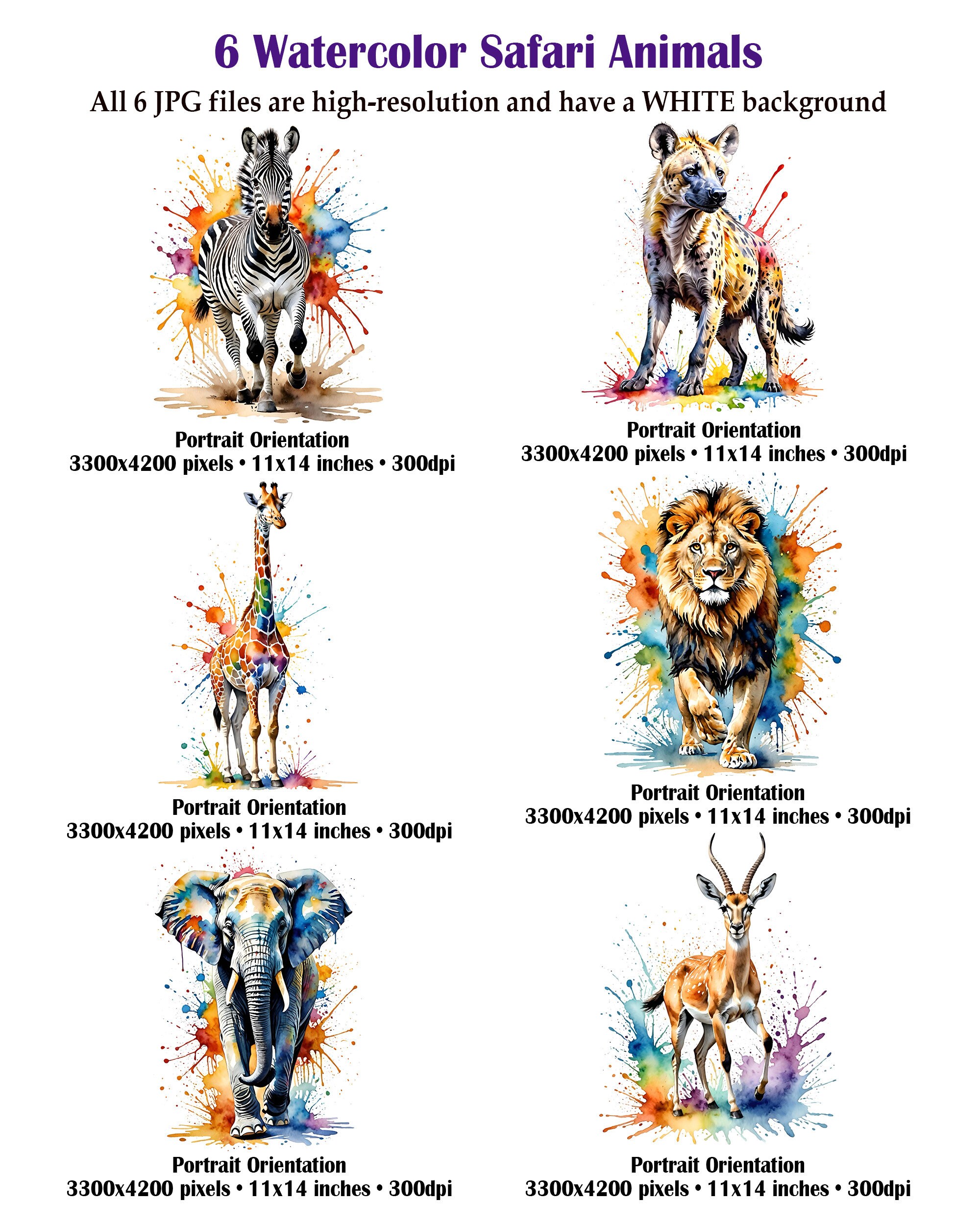 Watercolor Safari Animals Clipart Download JPG Digital Download ...