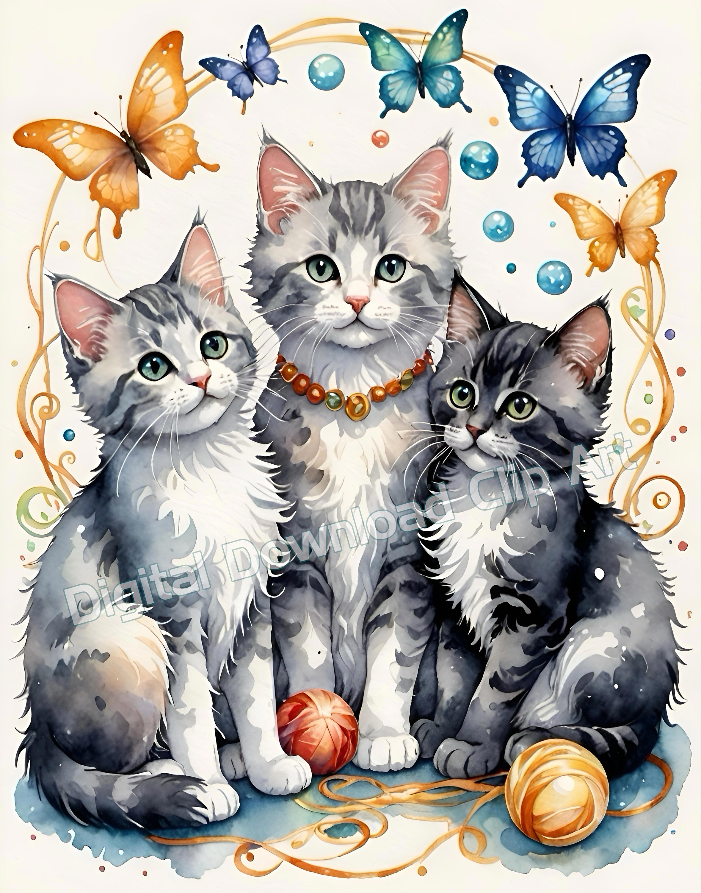 Cute Watercolor Kittens 6 Scenes Clipart Download JPG Digital Download ...