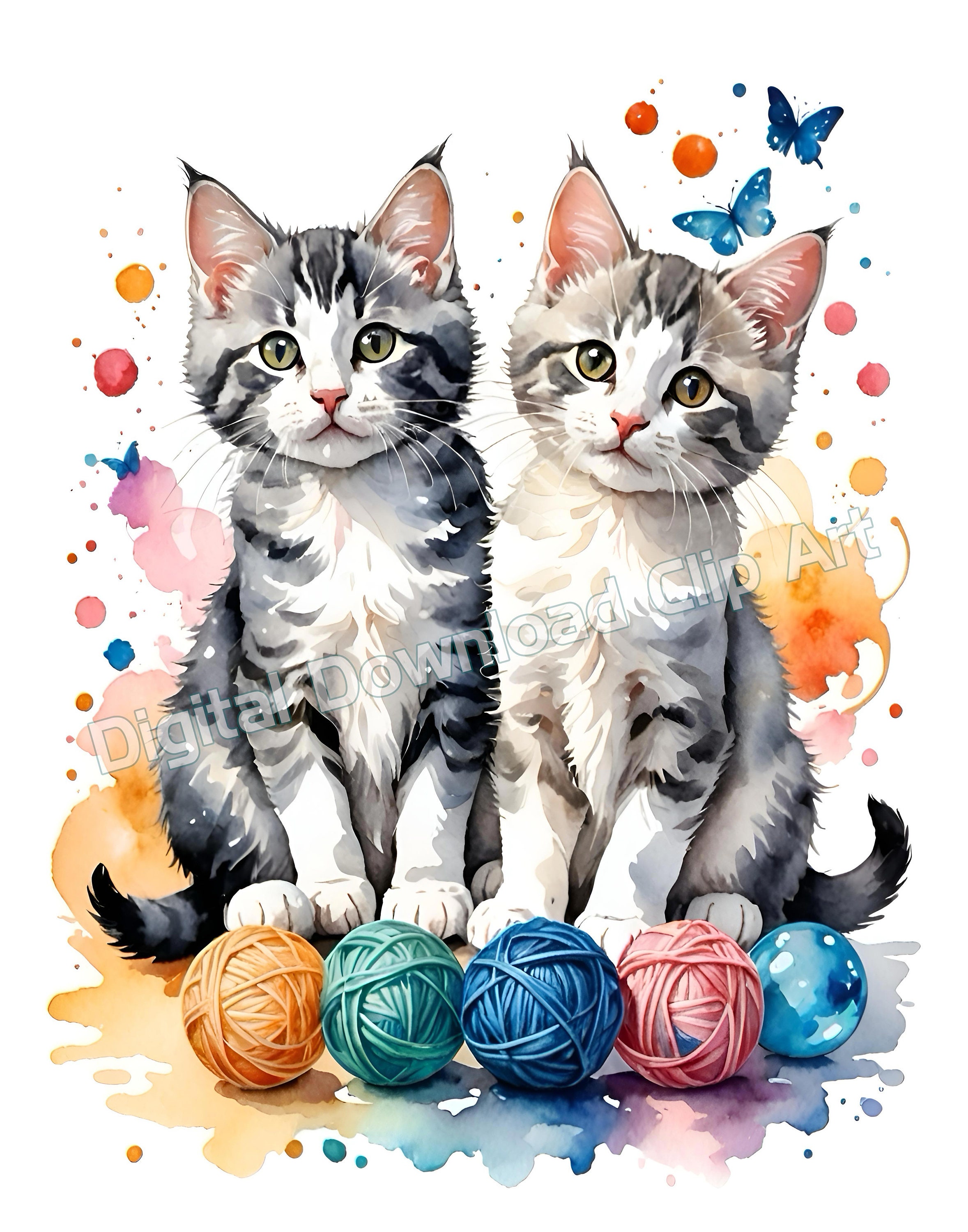 Cute Watercolor Kittens 6 Scenes Clipart Download JPG Digital Download ...