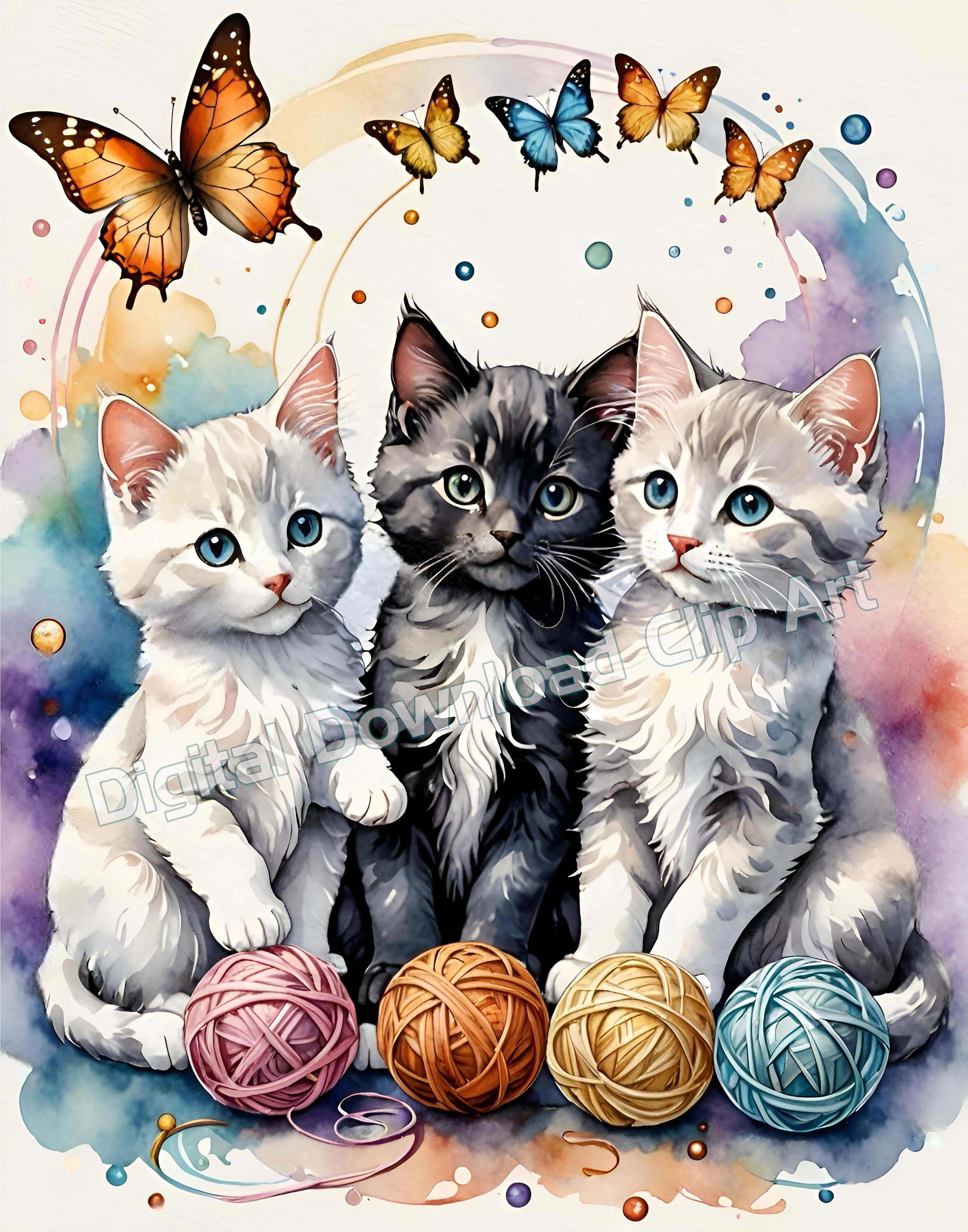 Cute Watercolor Kittens 6 Scenes Clipart Download JPG Digital Download ...
