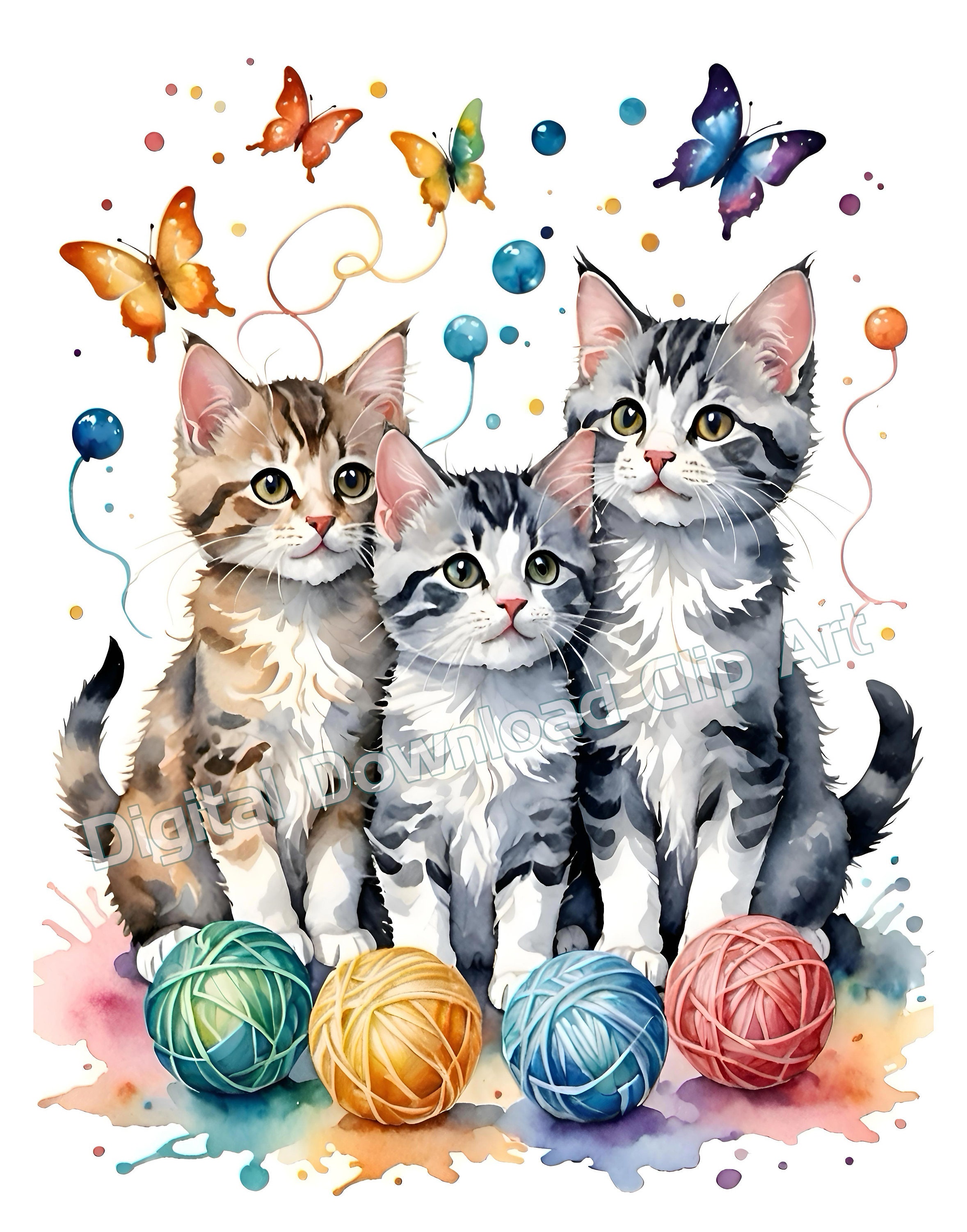 Cute Watercolor Kittens 6 Scenes Clipart Download JPG Digital Download ...