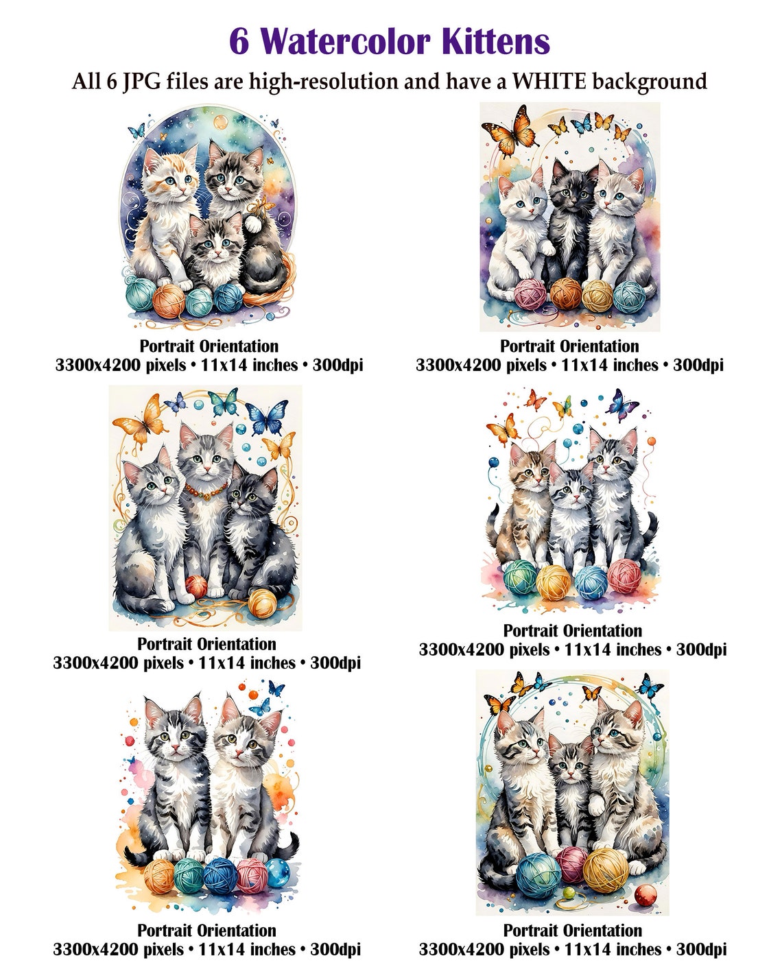 Cute Watercolor Kittens 6 Scenes Clipart Download JPG Digital Download ...