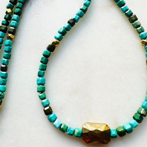 African Turquoise Beaded Necklace With Gold Geometric Pendant Non ...