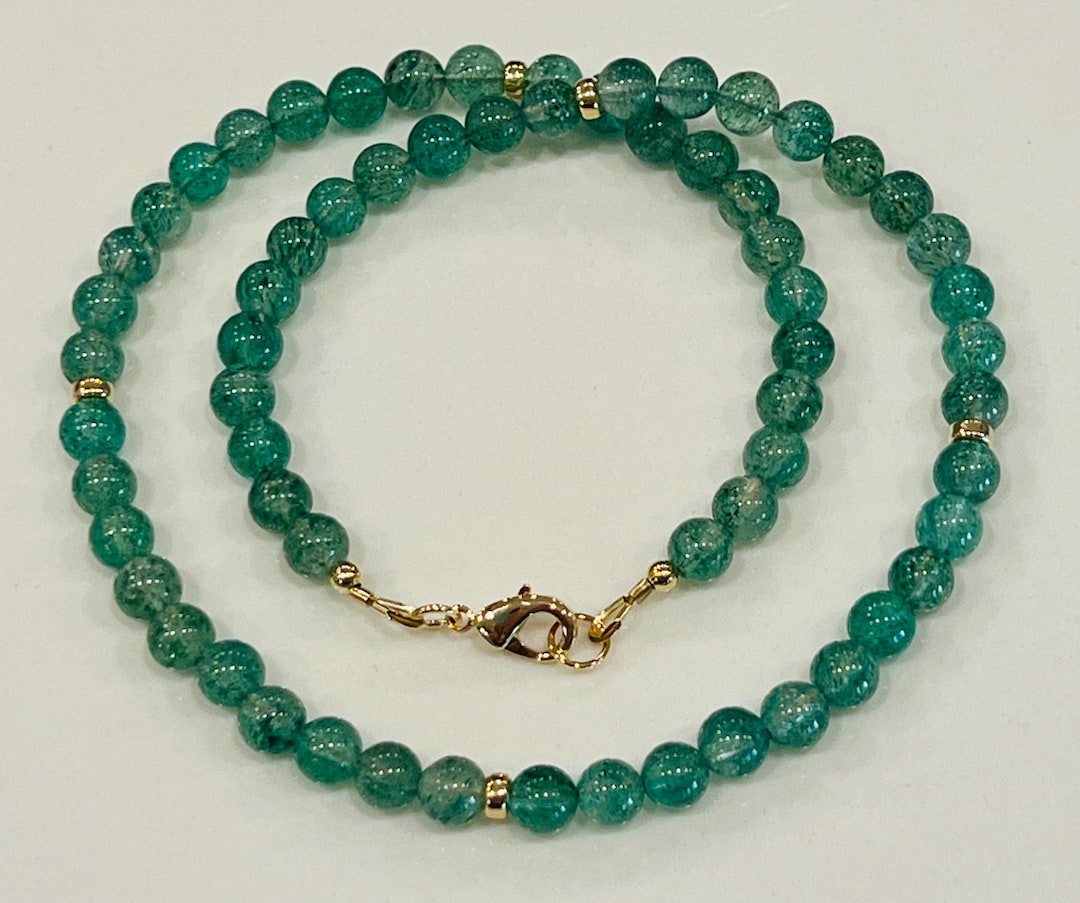 Green Strawberry Quartz Beaded Necklace: 18k Gold Filled Clasp, 6mm ...
