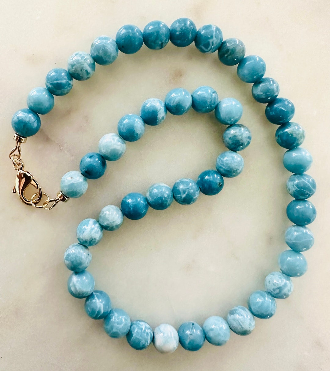 Larimar Quartz Beaded Necklace: 18k Gold Filled Clasp, 8mm Gemstone - Etsy