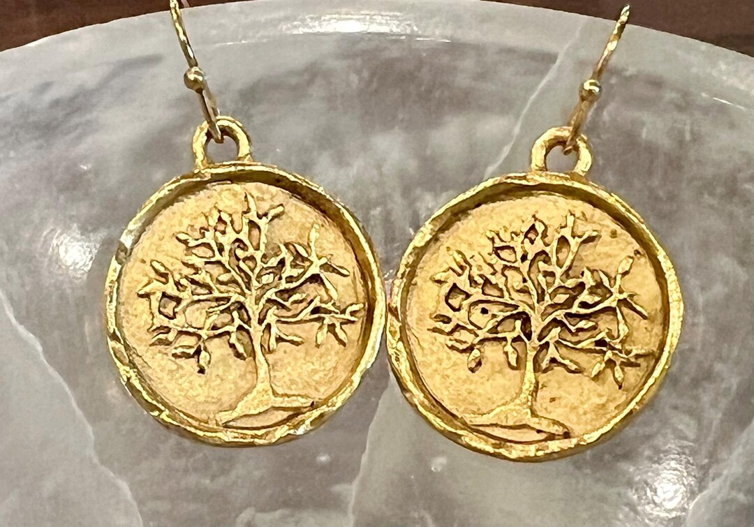 Gold Coin Tree of Life Drop Earrings Non-tarnish Gold Plated Pewter ...