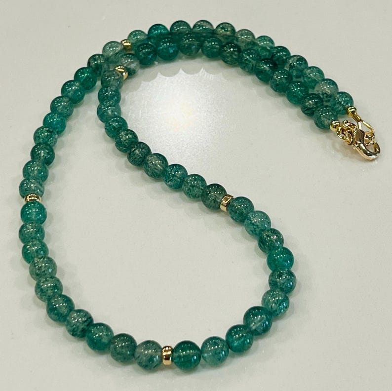 Green Strawberry Quartz Beaded Necklace: 18k Gold Filled Clasp, 6mm ...