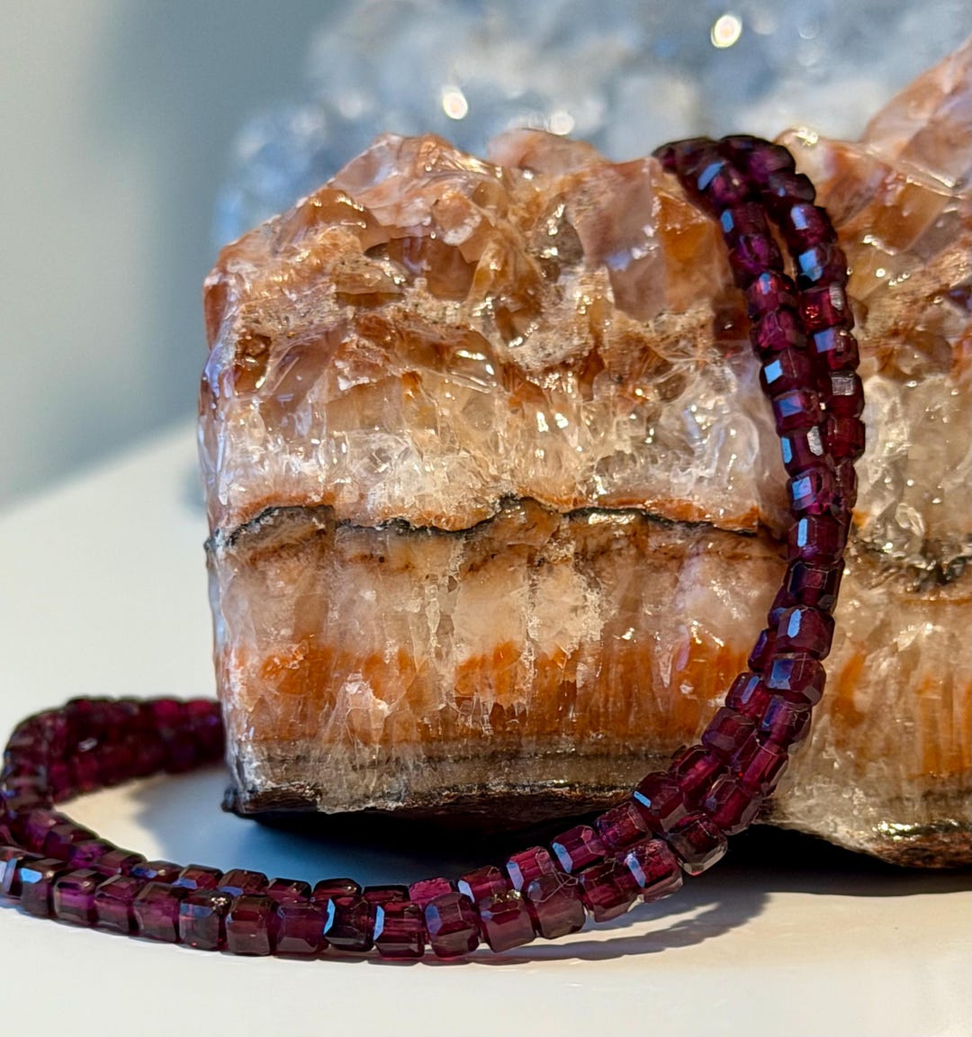 Mozambique Garnet Necklace: 18k Gold Filled Clasp, 3mm Cubed Gemstone ...