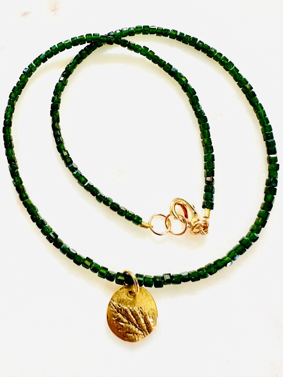 Green Sandstone Beaded Necklace: Gold Coin Pendant, Gold Filled Clasp ...