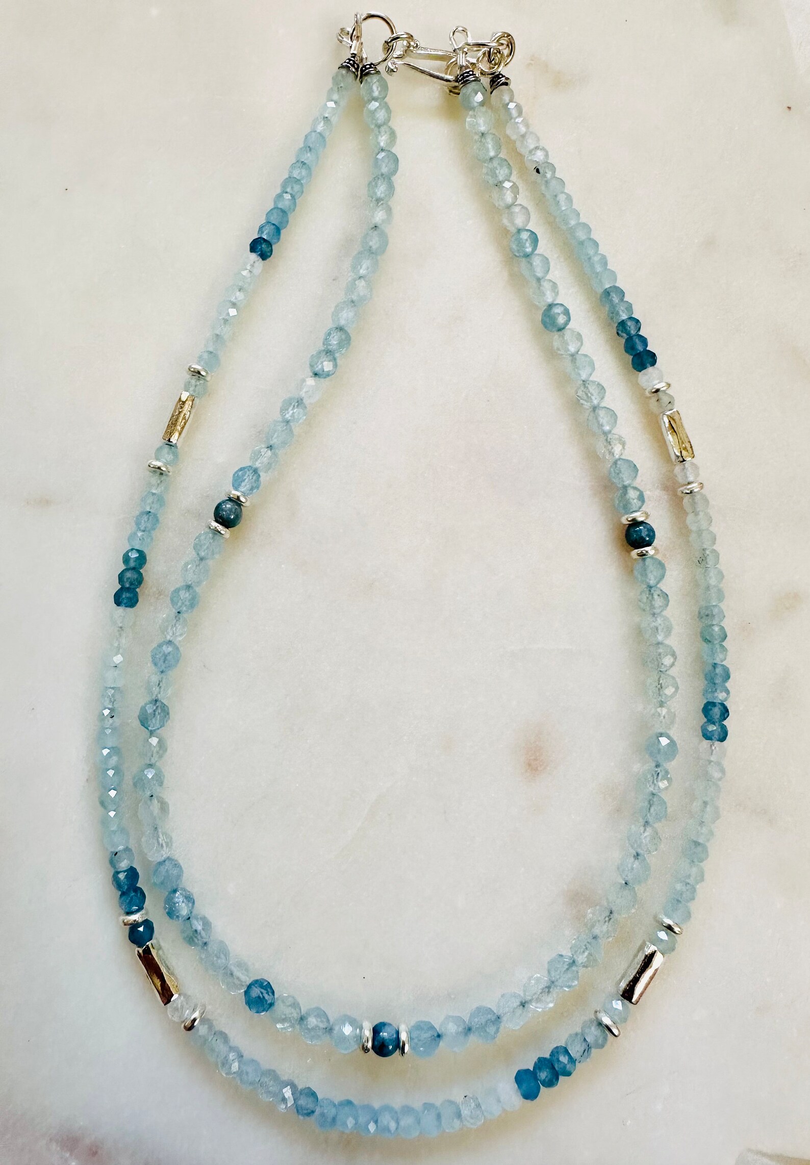 Aquamarine Beaded Necklace Two Strand Layered Beaded Necklace 16in and ...