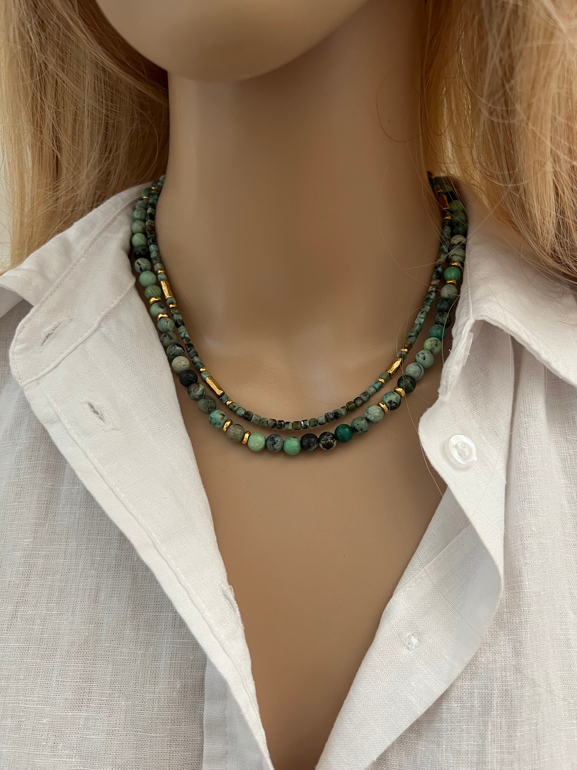 Turquoise Beaded Necklace: Double Strand Gemstone, Non-tarnish Boho ...