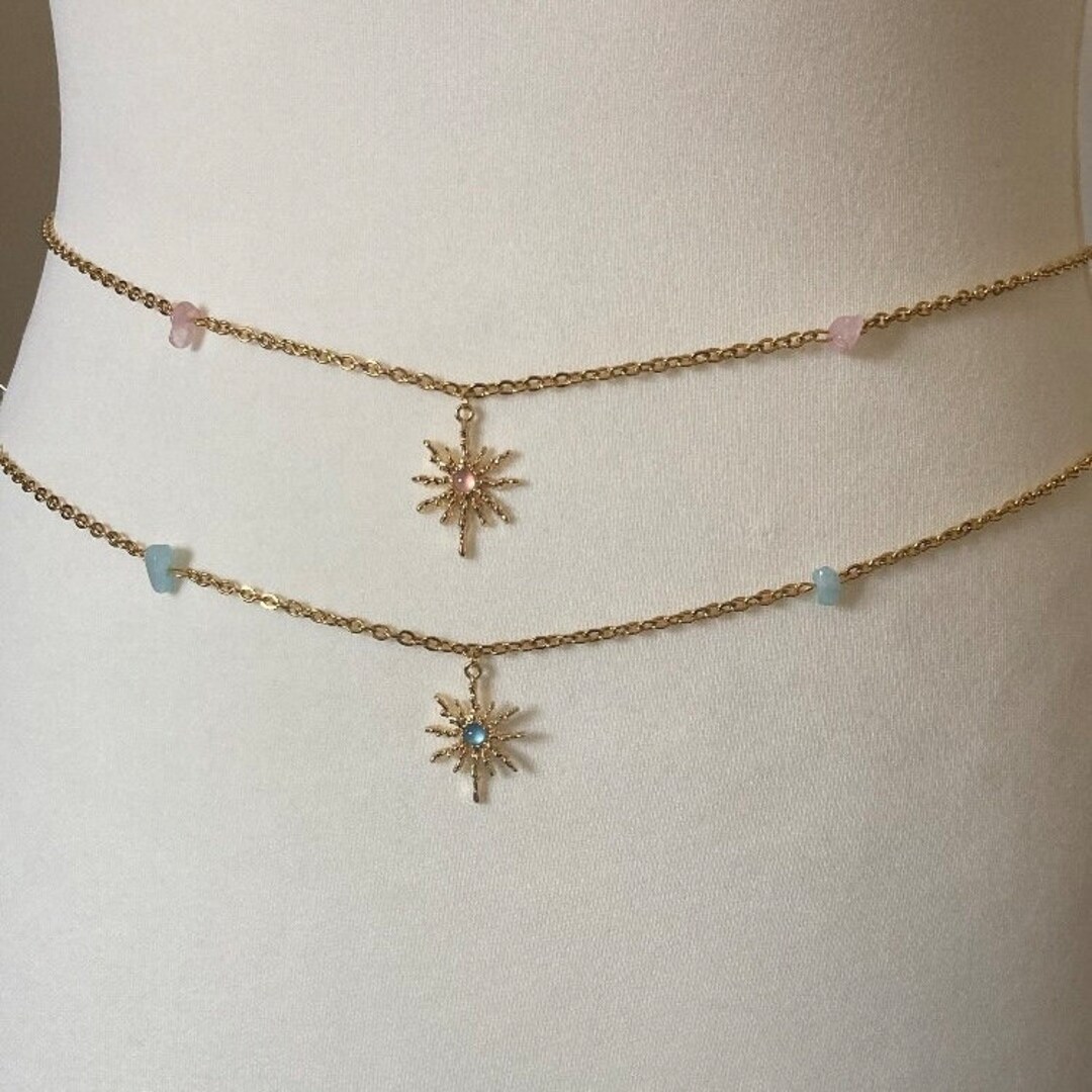 Belly Chain Blue or Pink Sunny Charm With Fragment Stone Beads, Dainty ...