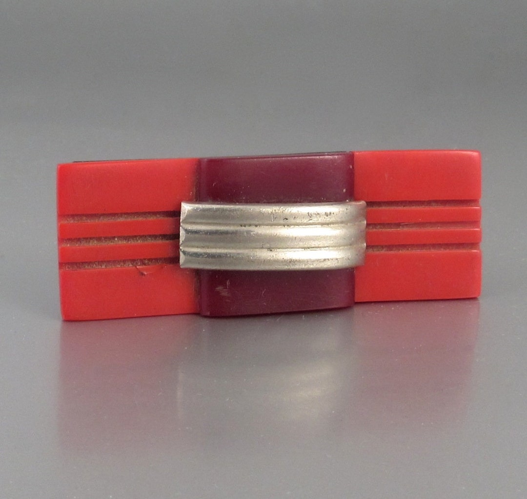 Vintage French Art Deco Belt Buckle, Bakelite, Red, Garnet and Silver ...