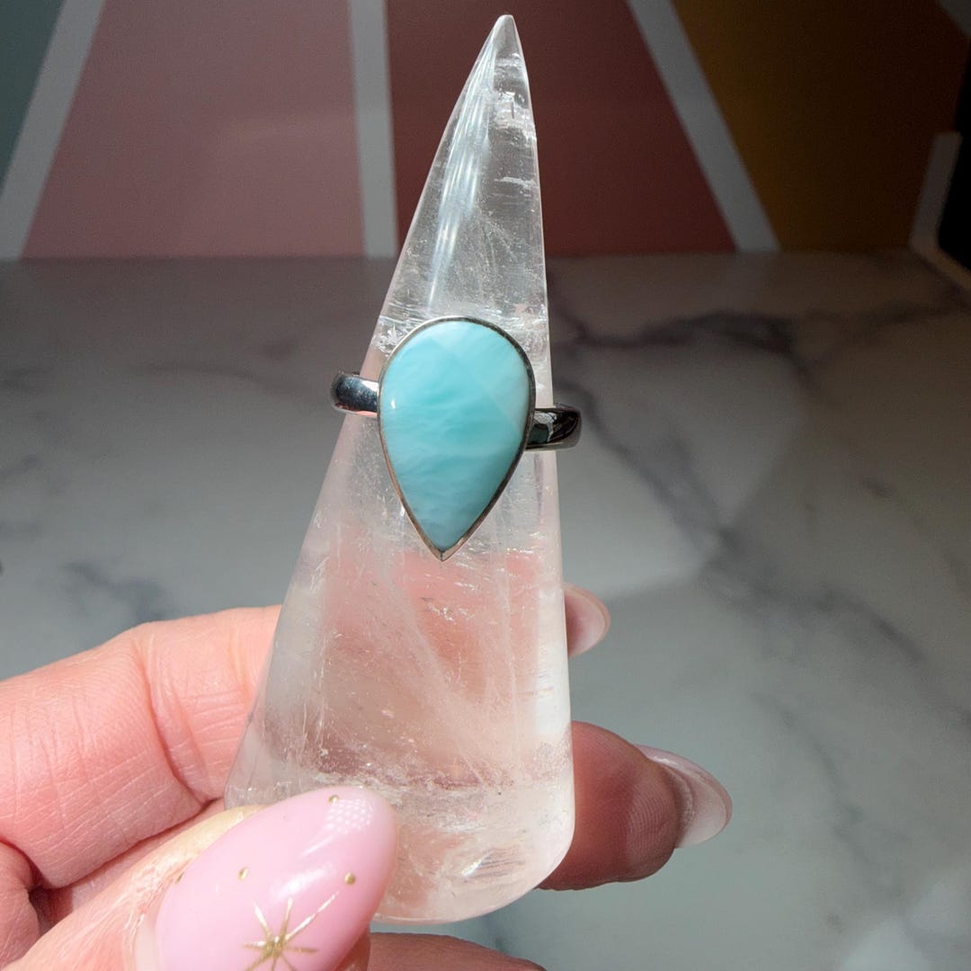Larimar Tear Drop Ring, Sterling Silver Ocean Stone Statement Jewelry ...