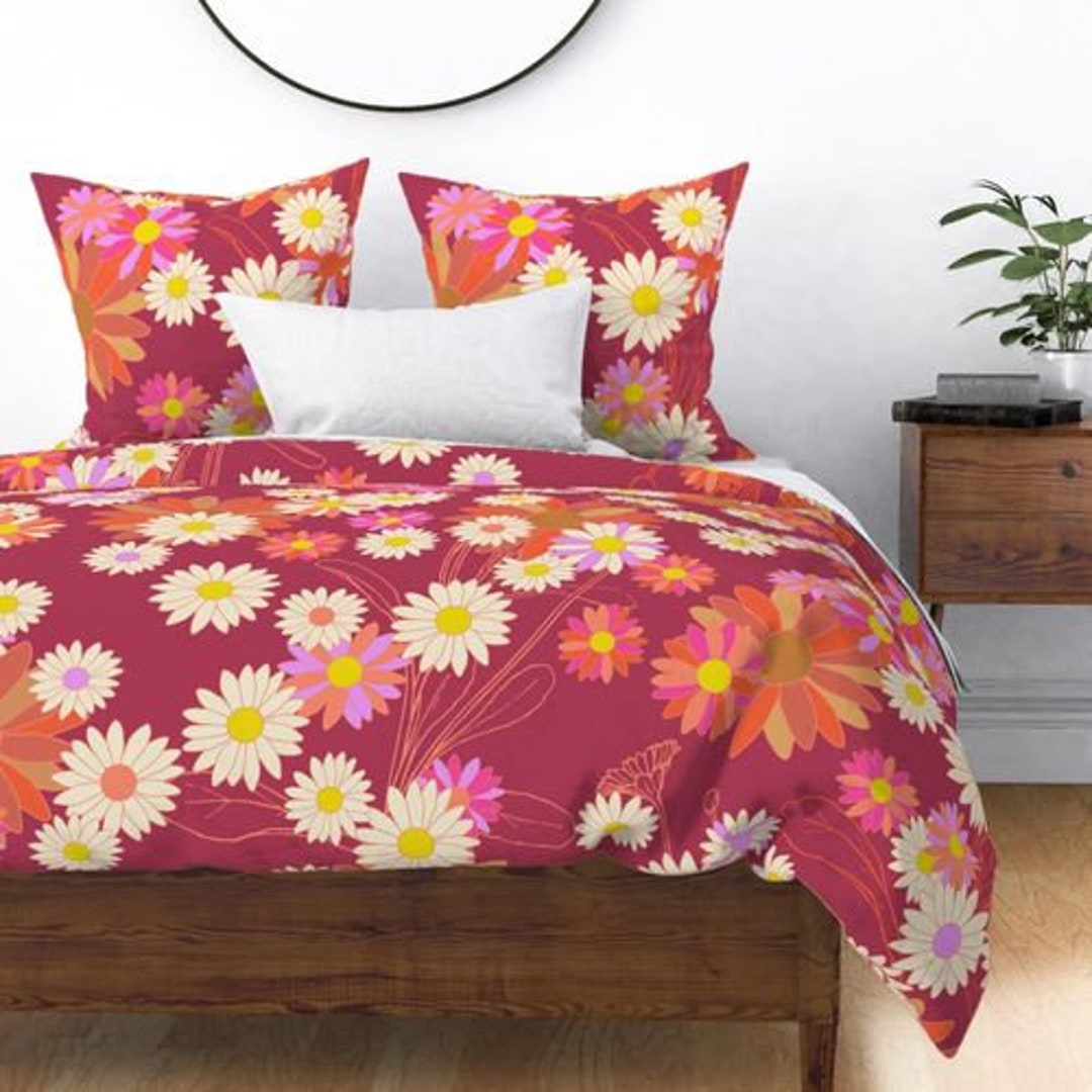Premium Cotton Retro Duvet Cover Set in Maroon Floral and Pink - Etsy