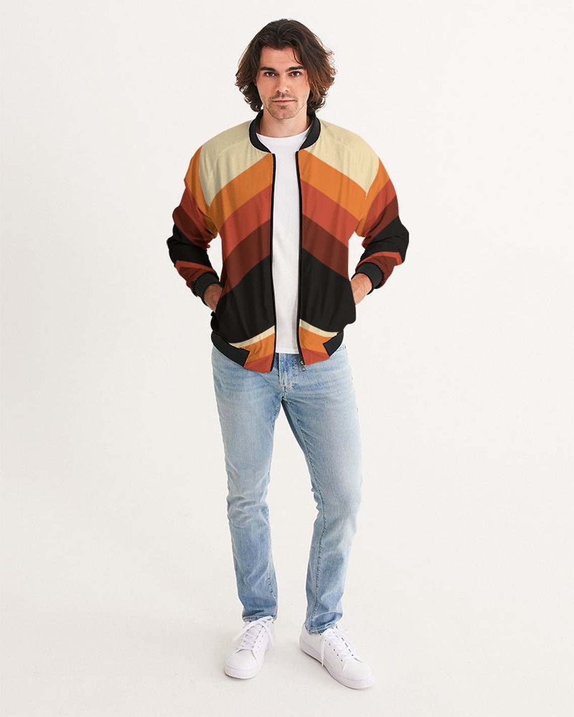 Men's Bomber Jacket 70's Stripe Retro Style Fall Jacket - Etsy