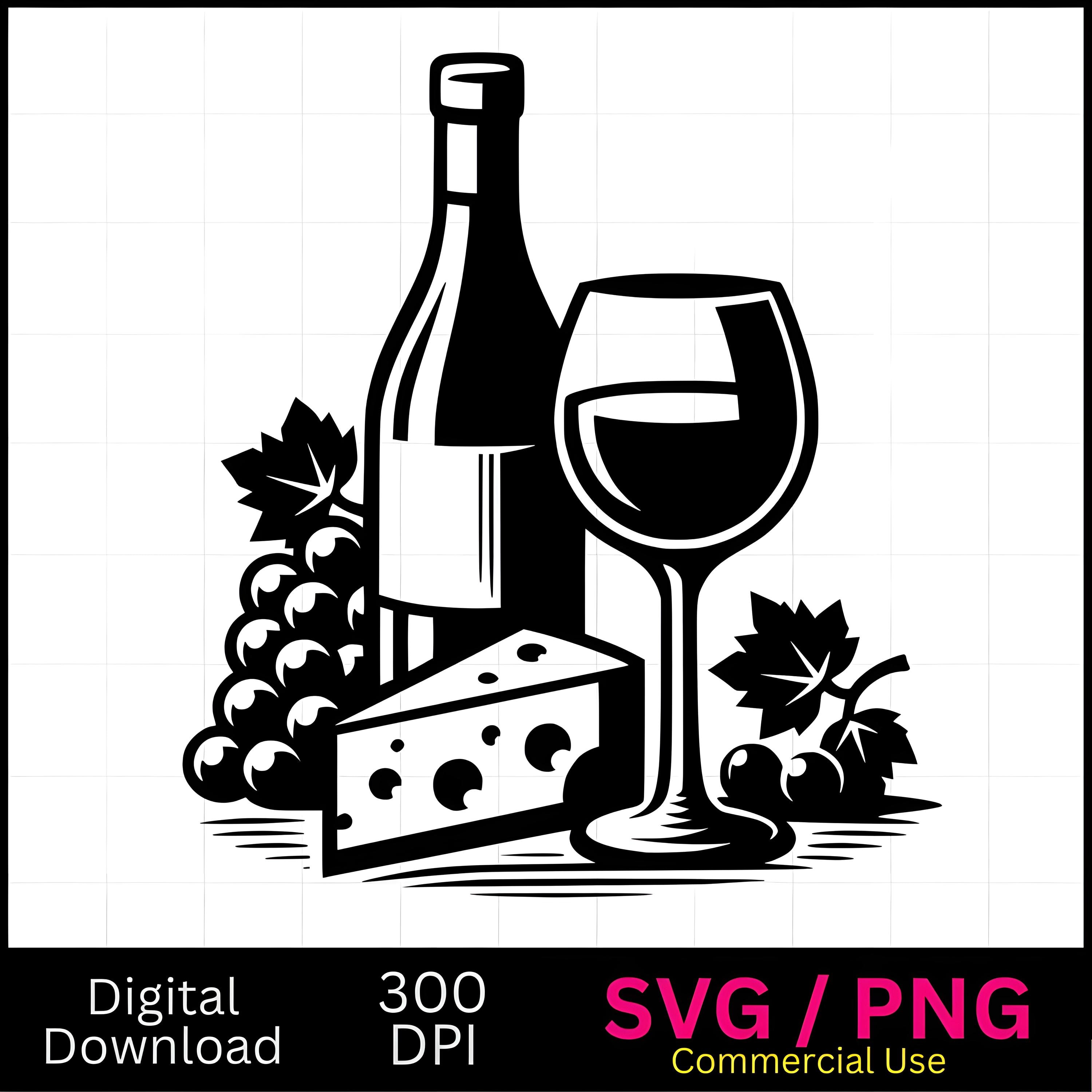 Wine and Cheese SVG PNG, Vector Graphic, Laser Engraver, Cnc, Clip Art, Laser Ready, Cutting ...