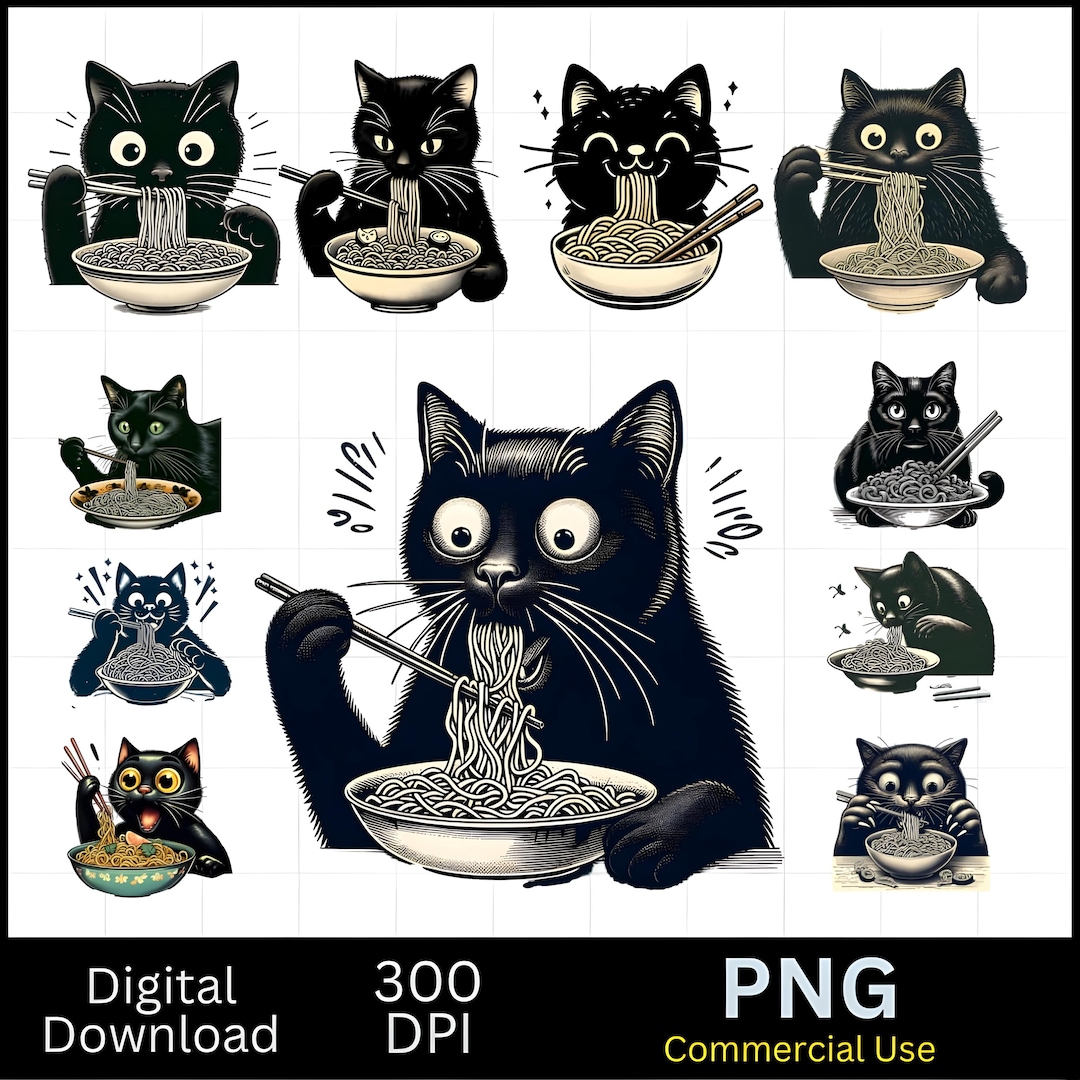 Noodle Cat PNG File Ramen Cat Digital Foodie Lover Shirts, Black Cat ...