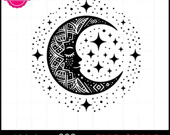 Boho Moon and Stars SVG PNG, Celestial Moon Svg, Floral Moon Svg, SVG ...