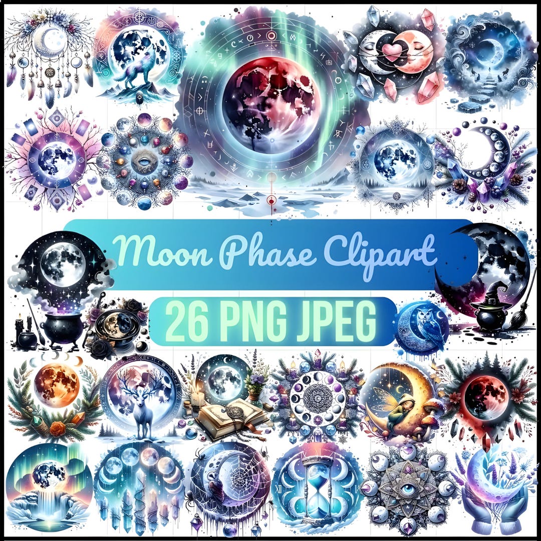 Witchy Moon Phases Clipart 26 PNG JPEG | Mystical Lunar Cycle Winter ...