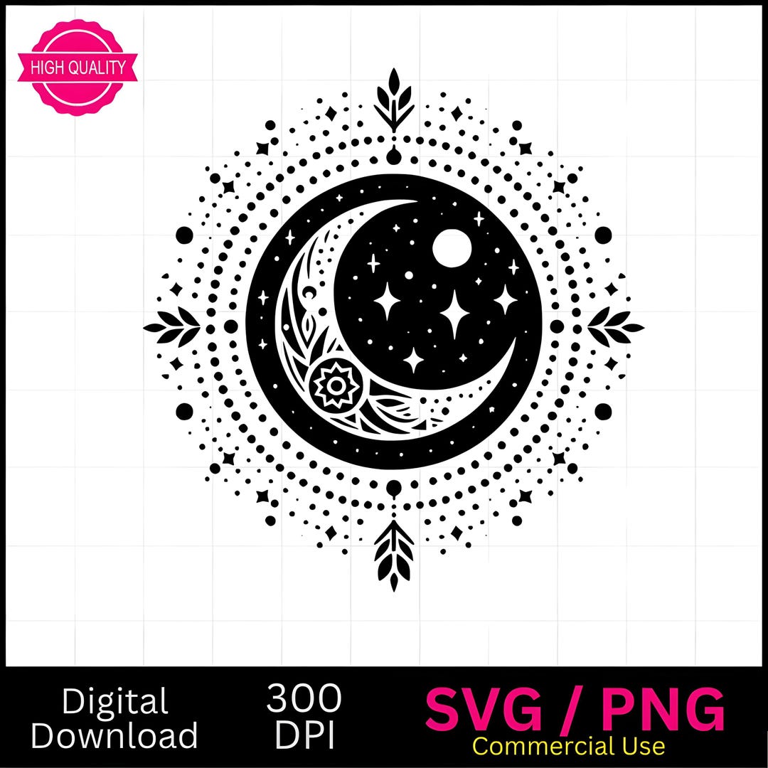 Boho Moon and Stars SVG PNG, Celestial Moon Svg, Floral Moon Svg, SVG ...