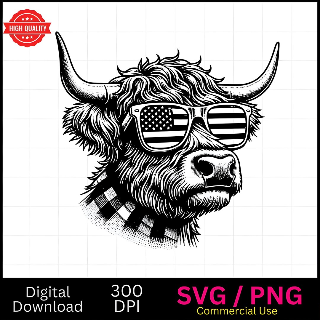 American Flag Highland Cow SVG PNG: Patriotic 4th of July (digital ...