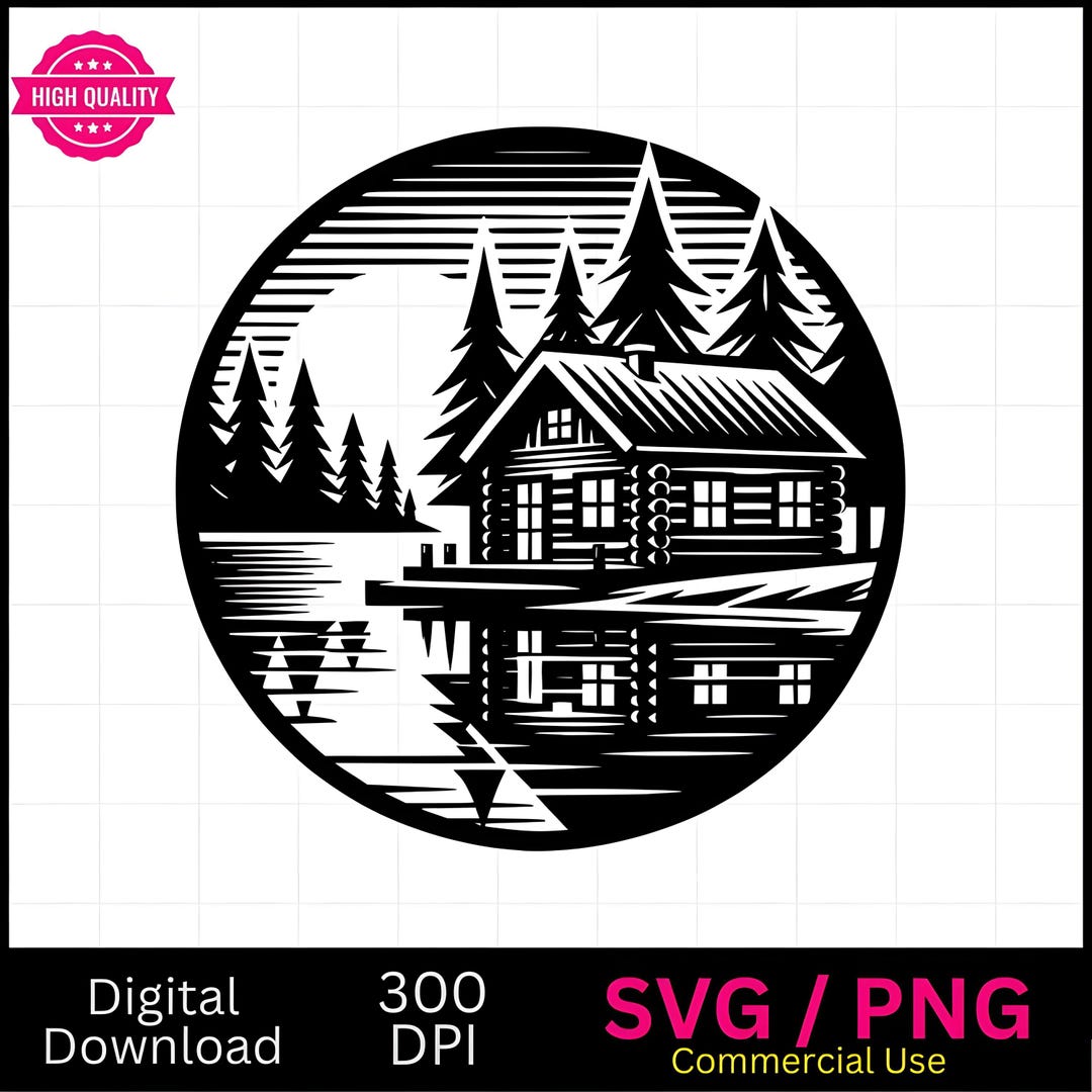 Cabin by Lake Laser Cut File | Rustic Cabin SVG | Lake House Scene ...
