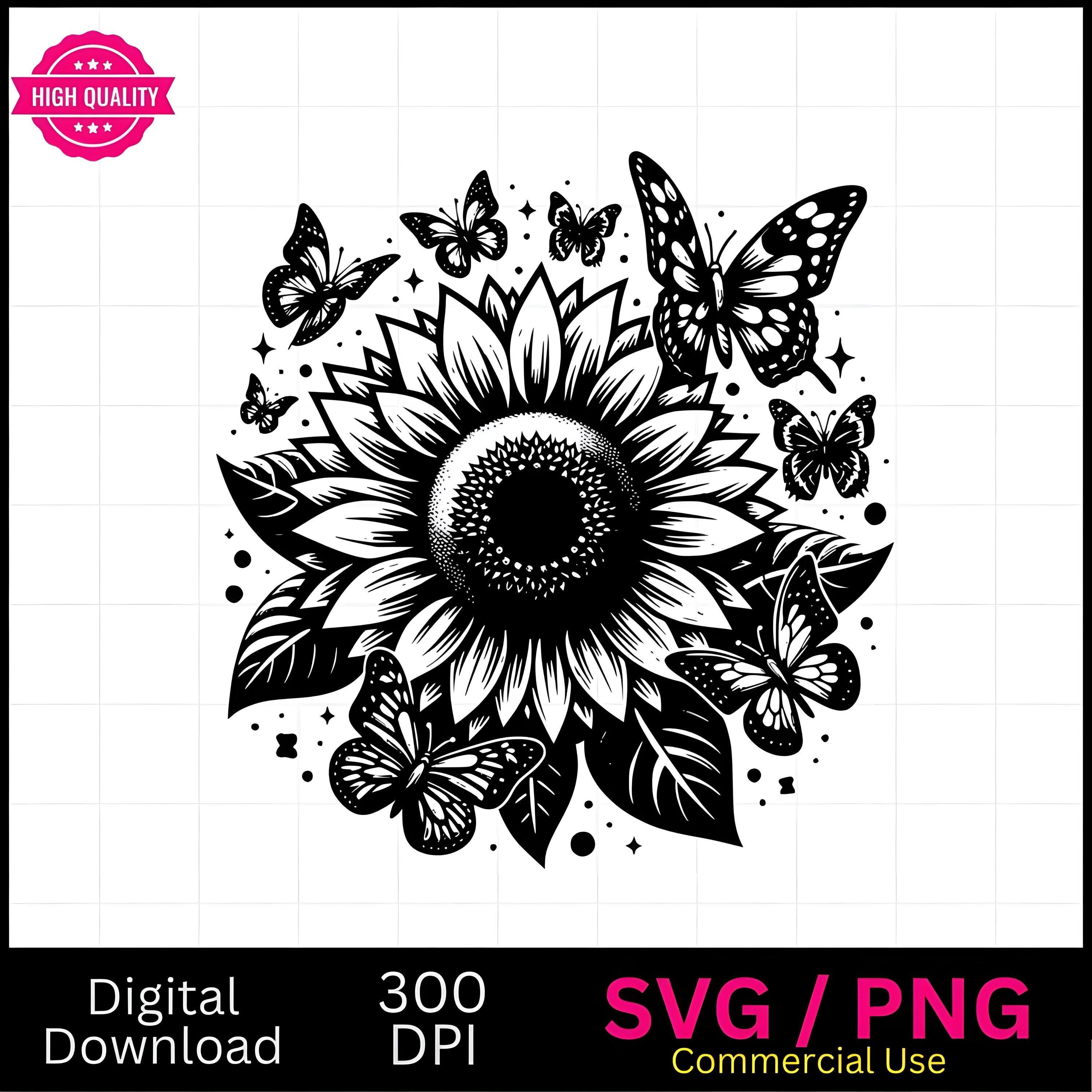 Sunflower and Butterflies SVG PNG: Spring Vector Graphic (digital ...