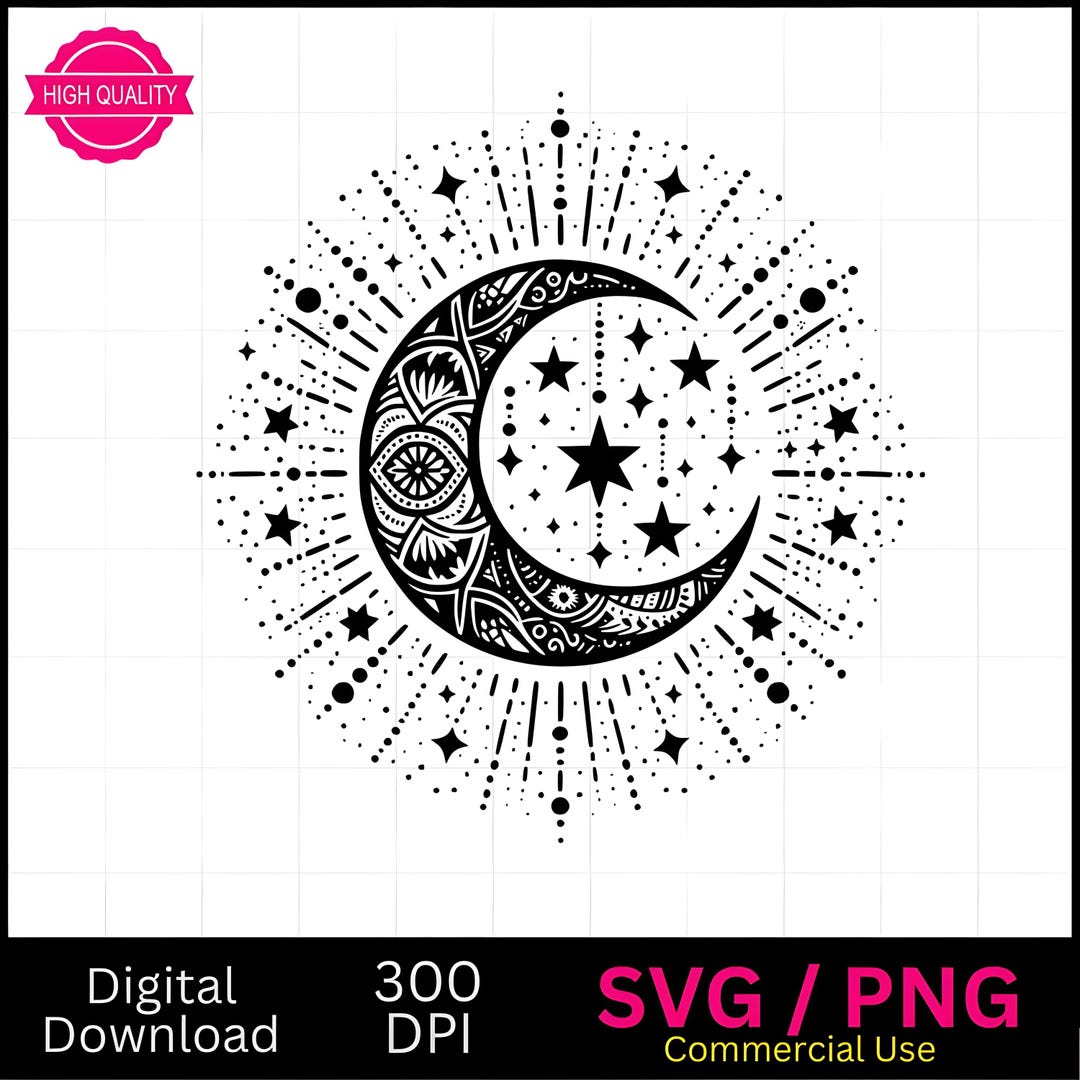 Boho Moon and Stars SVG PNG, Celestial Moon Svg, Floral Moon Svg, SVG ...