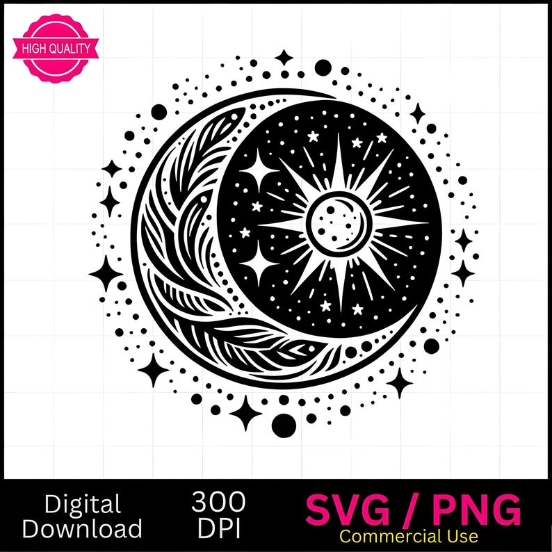 Boho Moon and Stars SVG PNG, Celestial Moon Svg, Floral Moon Svg, SVG ...