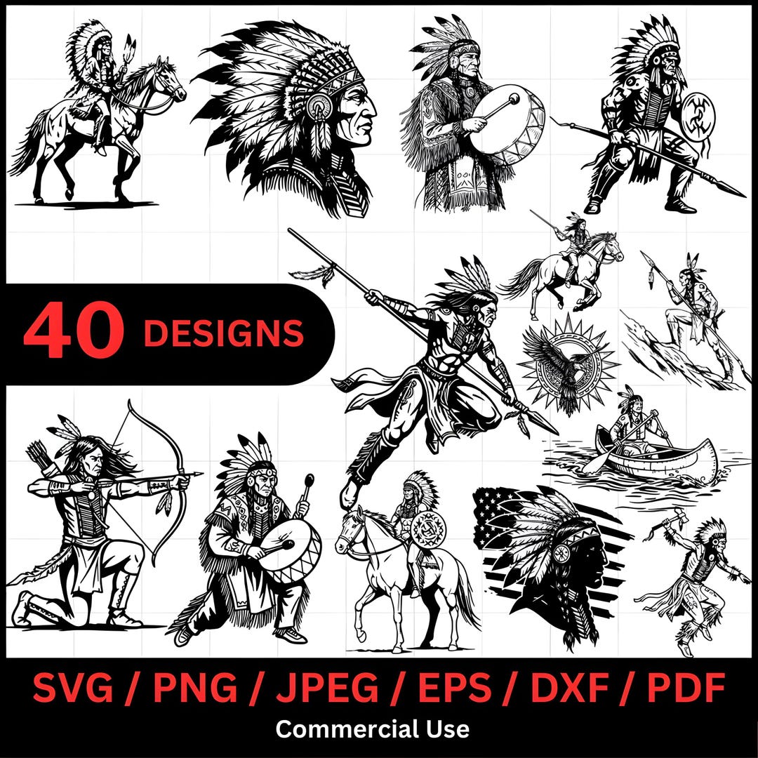 Native American SVG Bundle, 40 Tribal Chief Designs, PNG Clipart ...