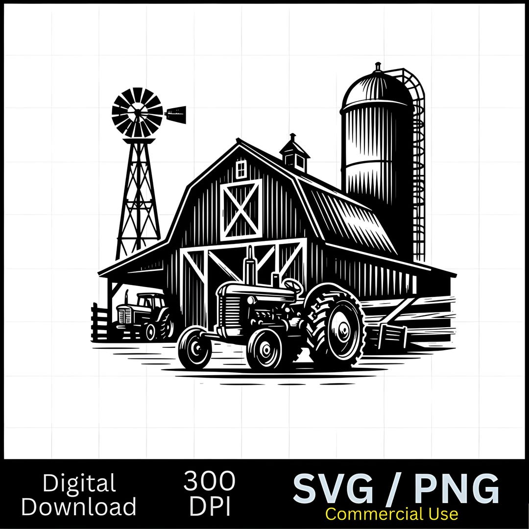 Old Barn and Tractor Farm Scene SVG PNG: Vector Graphic (digital ...