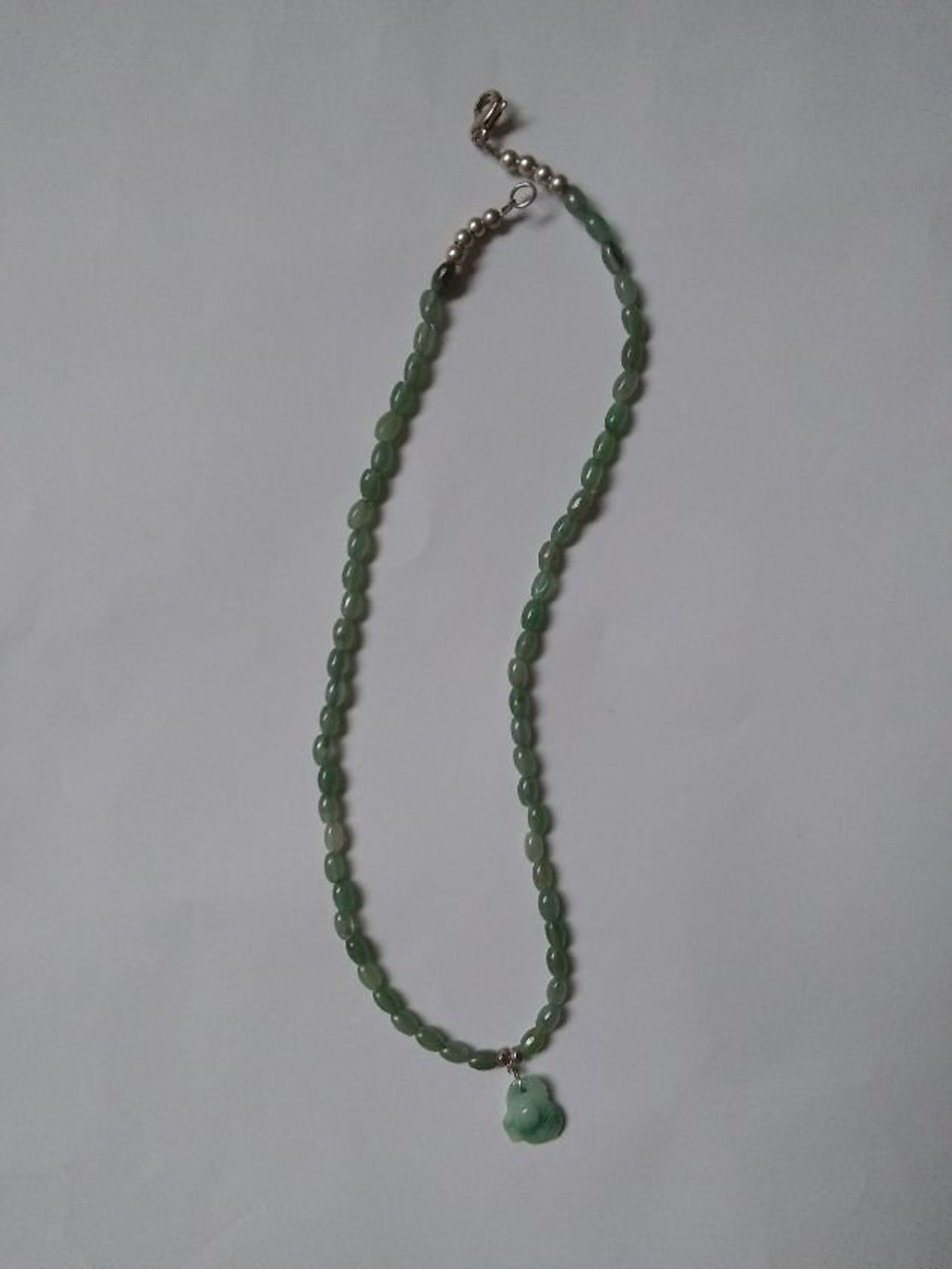 Chinese Carved Jade Snake Pendant With Green Glass and Silver Beads and ...