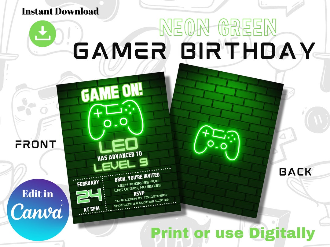 Video Gamer Birthday Invitation Template, Video Game Invitation, Neon ...