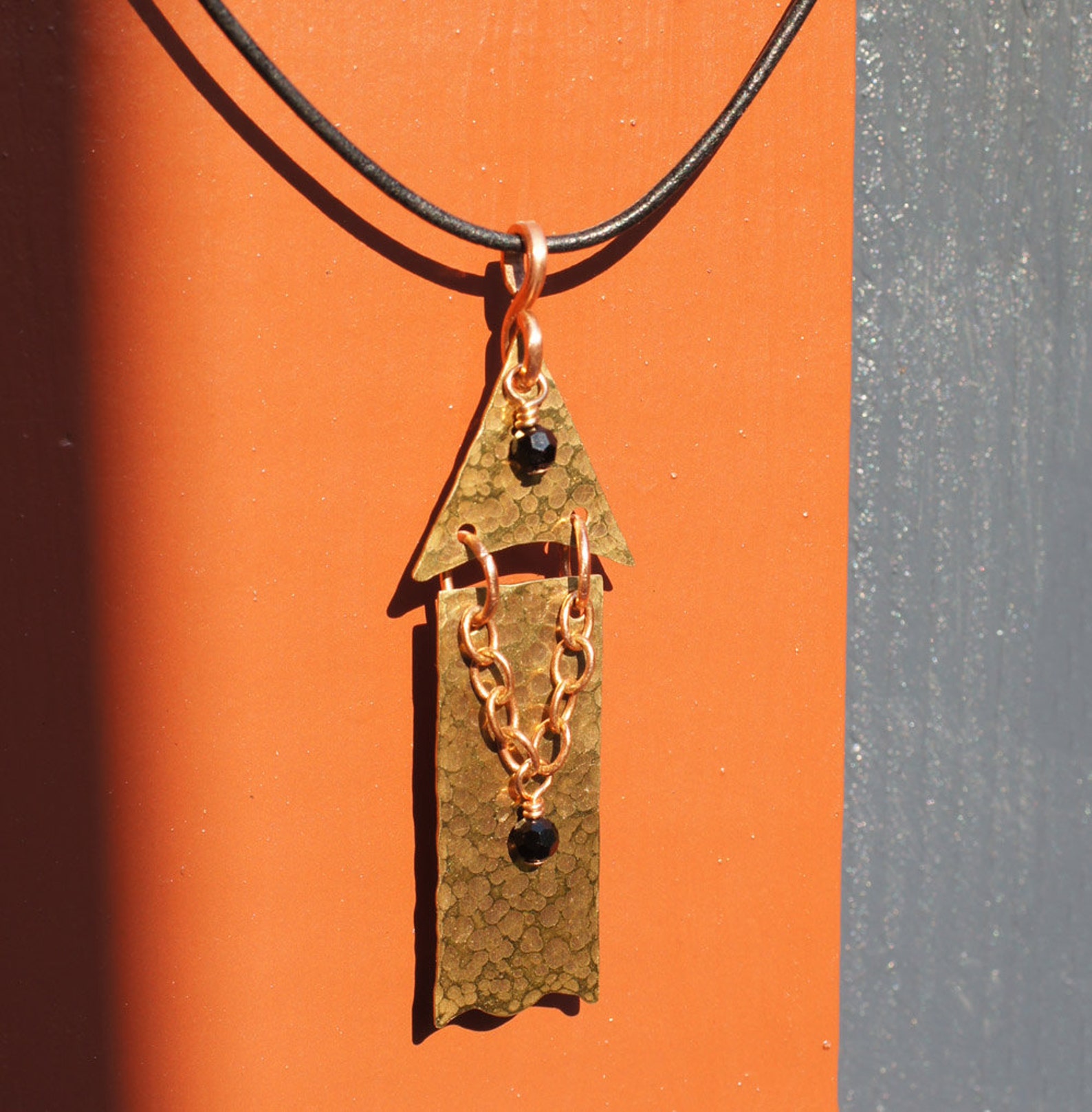 Hammered Brass Pendant Necklace With Copper and Black Swarovski ...