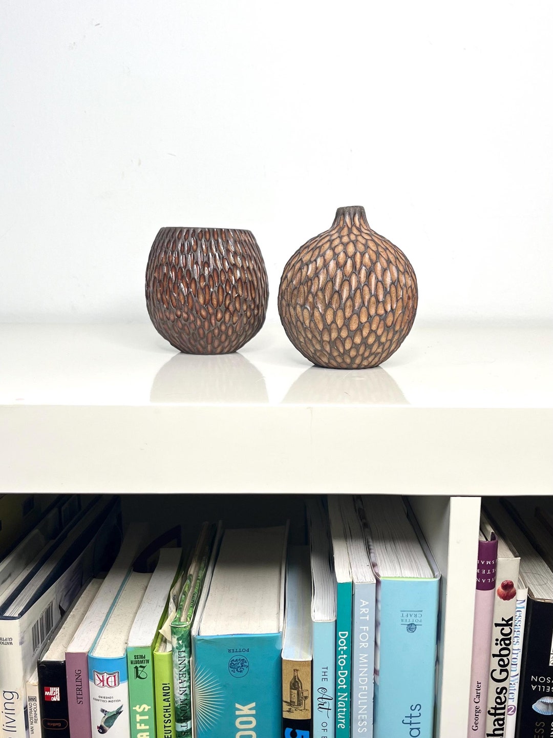 Brown Ceramic Vases - Carved Pattern - Etsy