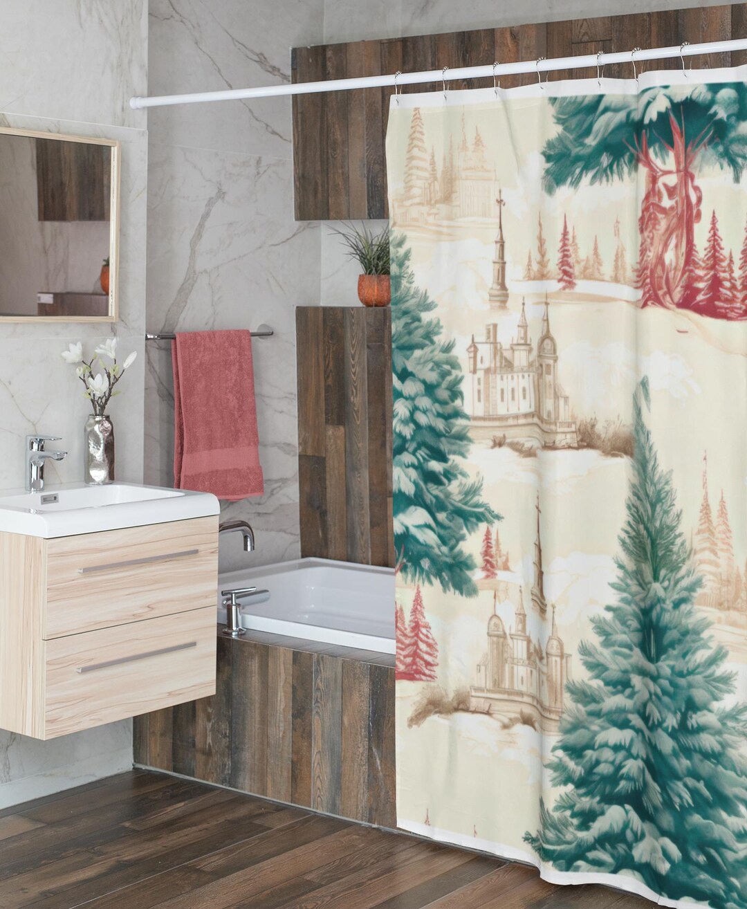 Toile De Jouy Christmas Tree Shower Curtain for Christmas Decor ...
