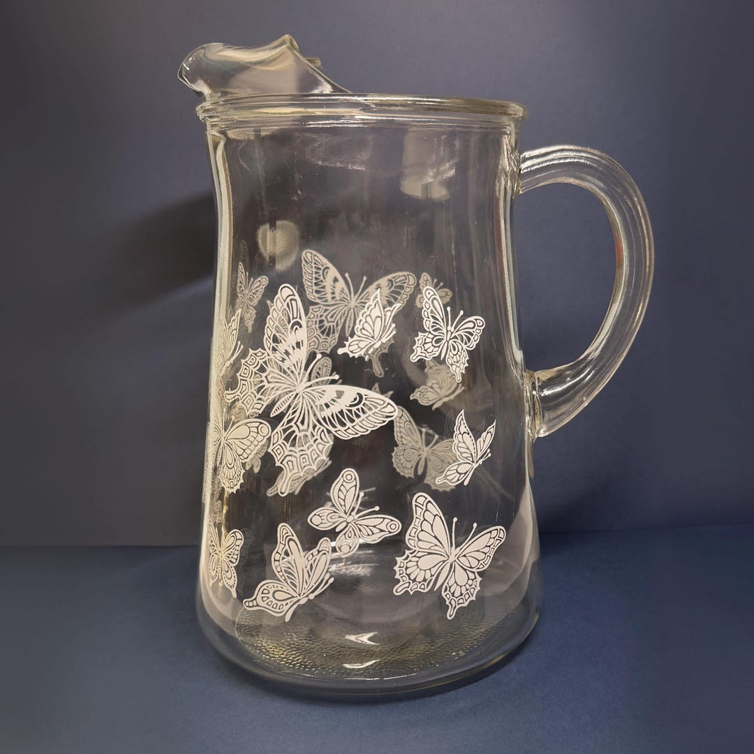 Vintage Pitcher With White Butterflies, Clear Glass, Butterfly, Wide ...
