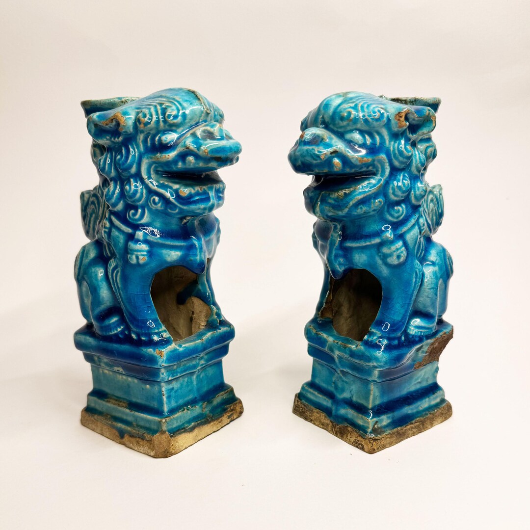 Antique Foo Dogs, Guardian Lions, Turquoise Glazed Ceramic Sculpture ...